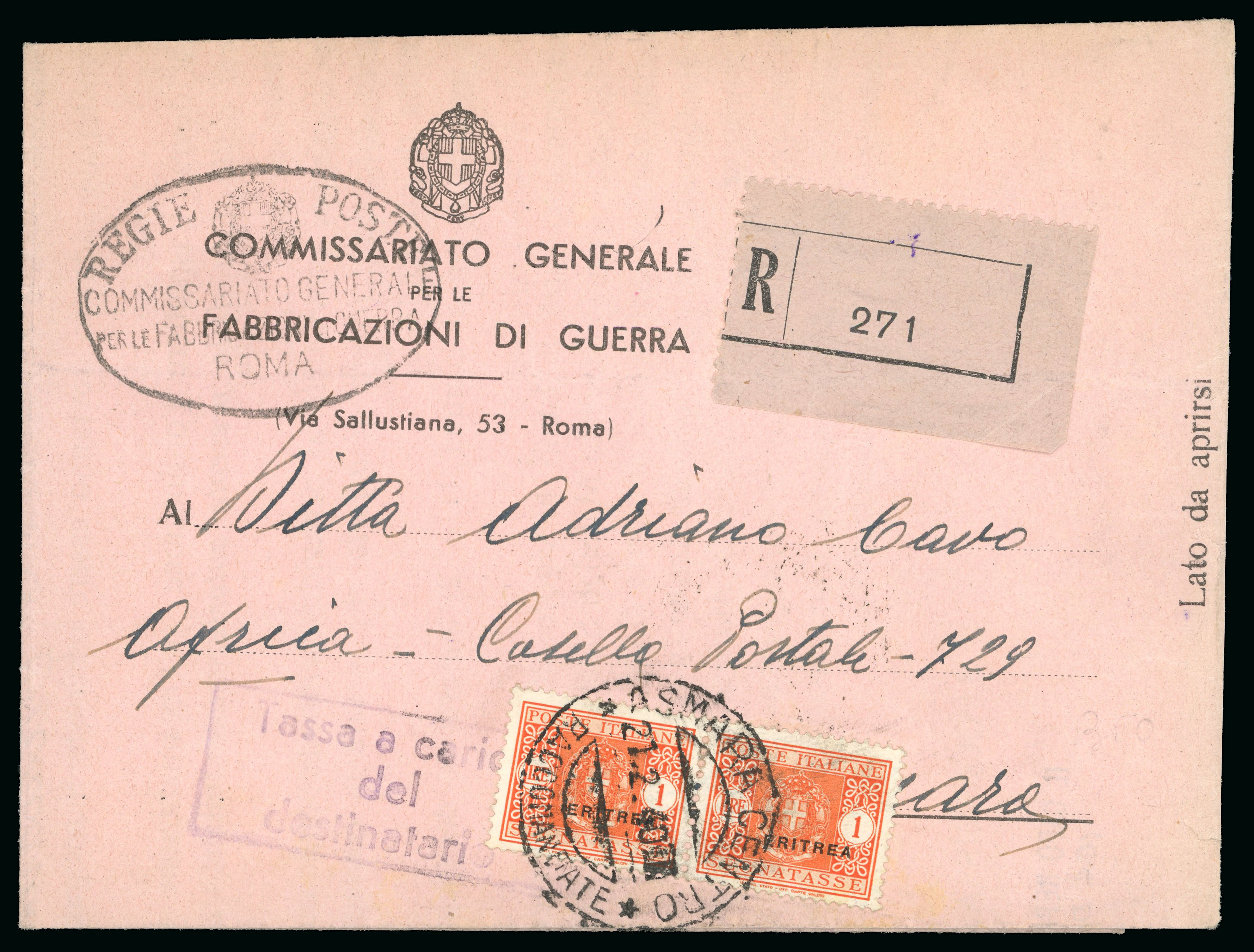 Lot 20120 - 1940, lettera raccomandata da Roma con due segnatasse da 1 ...