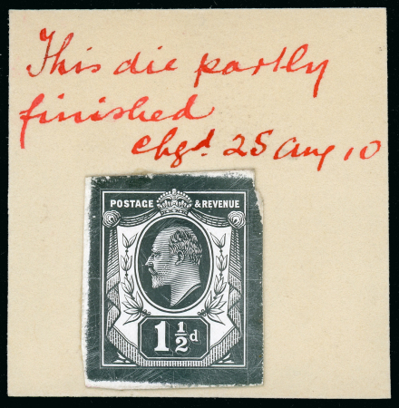 Lot 10210 - 1909 1 1/2d. partially finished stamp size die proof ...